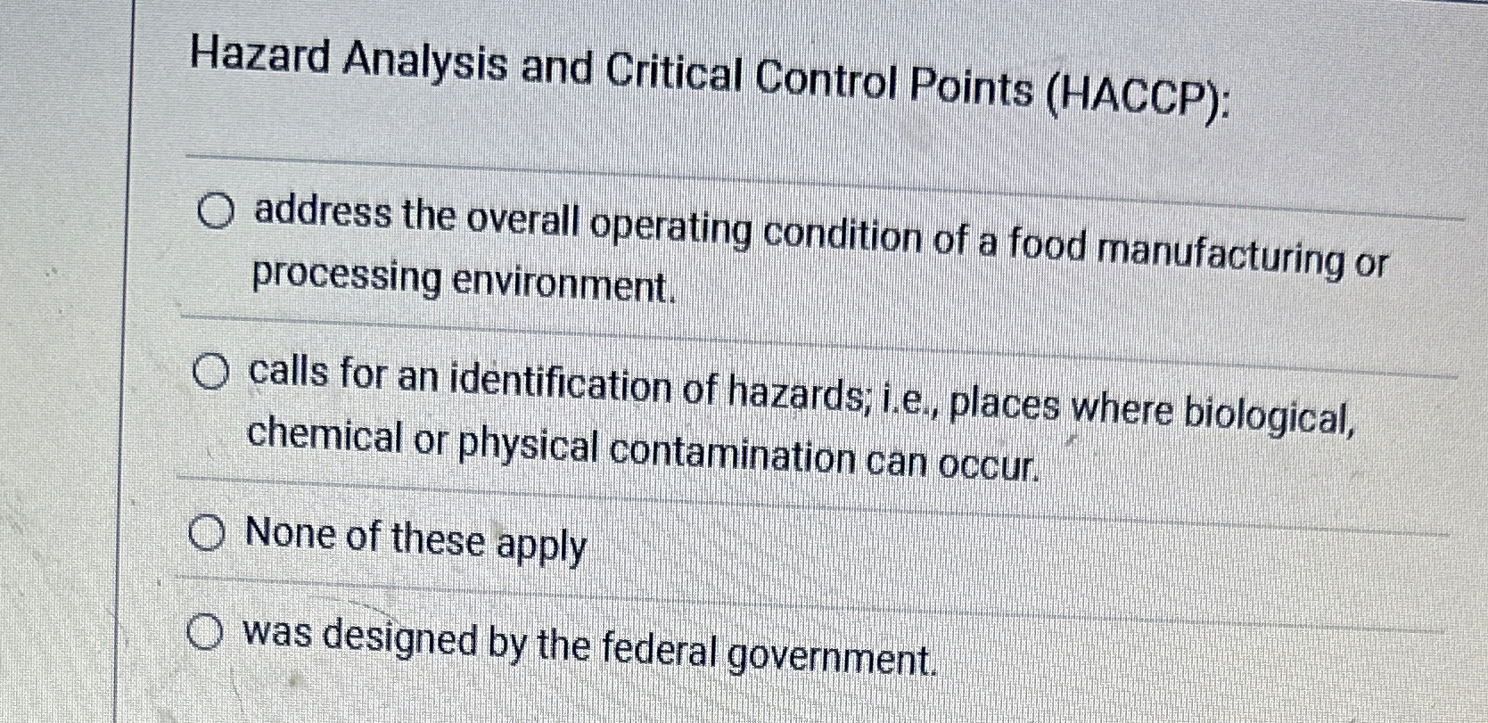 Solved Hazard Analysis and Critical Control Points | Chegg.com