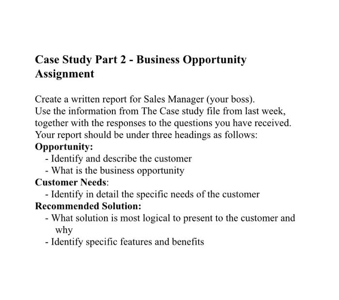 Solved Case Study Part 2 - Business Opportunity Assignment | Chegg.com