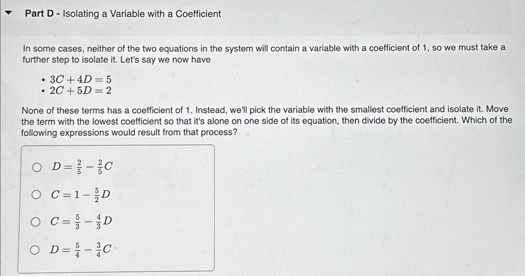 Solved Part D - ﻿Isolating a Variable with a CoefficientIn | Chegg.com