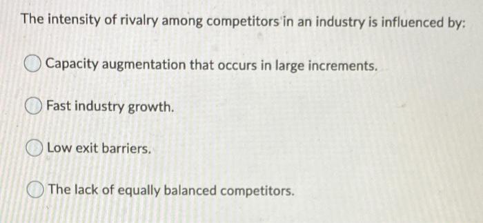 Solved The intensity of rivalry among competitors in an | Chegg.com