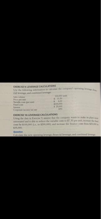 Solved EXERCISE 9:LEVEAAGE CALCULATIONS cial leveratey and | Chegg.com