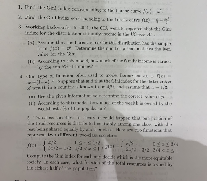Solved 1. Find the Gini index corresponding to the Lorenz | Chegg.com