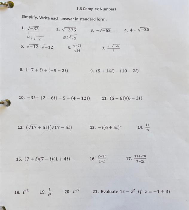 Solved 1.3 Complex Numbers Simplify. Write each answer in | Chegg.com