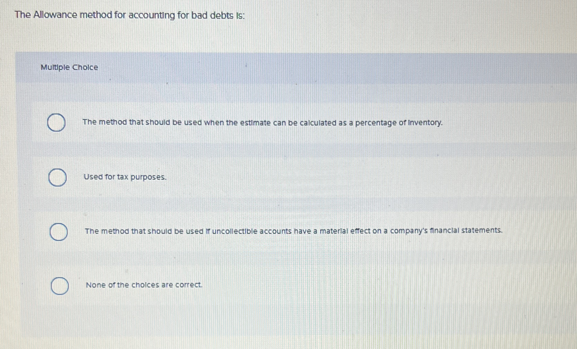 Solved The Allowance method for accounting for bad debts | Chegg.com