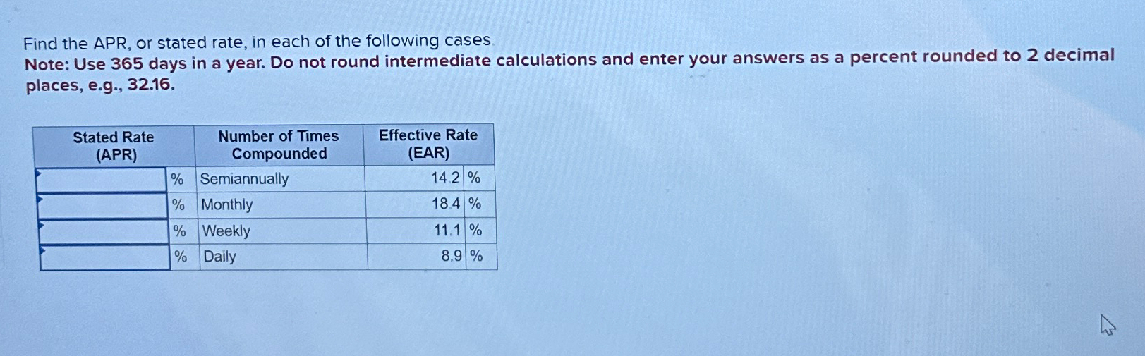 Solved Find the APR, or stated rate, in each of the | Chegg.com