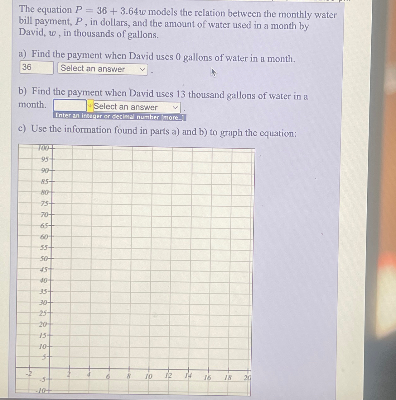 Solved The equation P=36+3.64w ﻿models the relation between | Chegg.com
