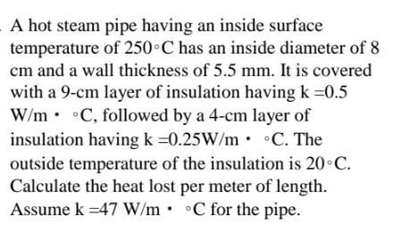 Solved A hot steam pipe having an inside surface temperature | Chegg.com