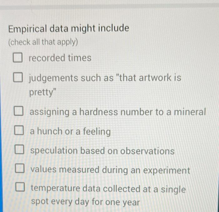 Solved Empirical data might include (check all that apply) | Chegg.com