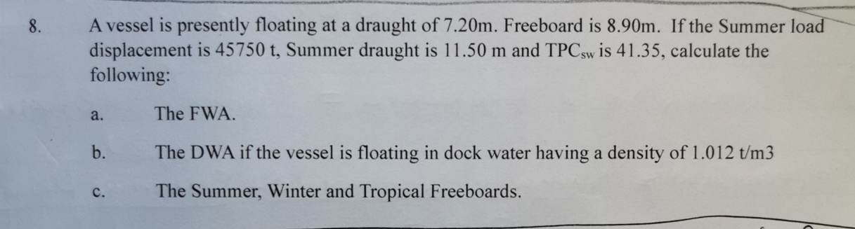 Solved A vessel is presently floating at a draught of 7.20 | Chegg.com