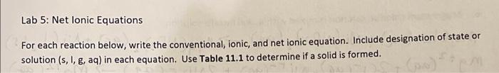 Solved Lab 5: Net Ionic Equations For each reaction below, | Chegg.com