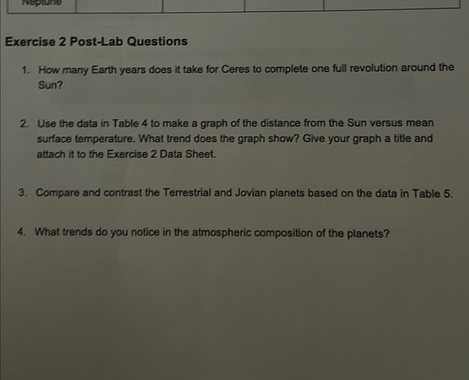 Solved Exercise 2 ﻿Post-Lab QuestionsHow many Earth years | Chegg.com
