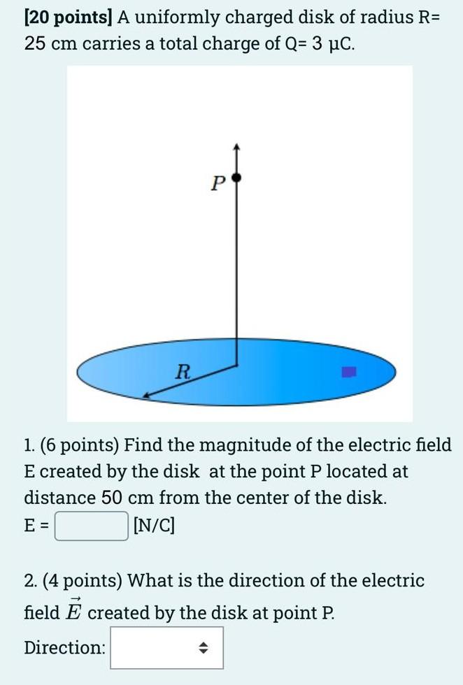 Solved [20 points] A uniformly charged disk of radius R= 25 | Chegg.com