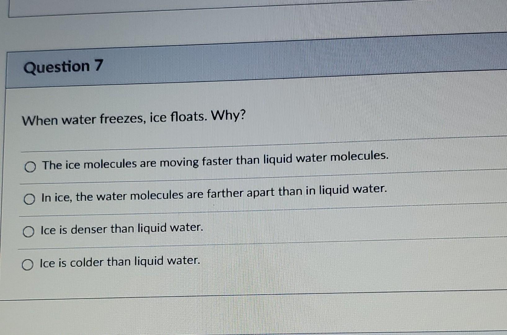 Solved When water freezes, ice floats. Why? The ice | Chegg.com