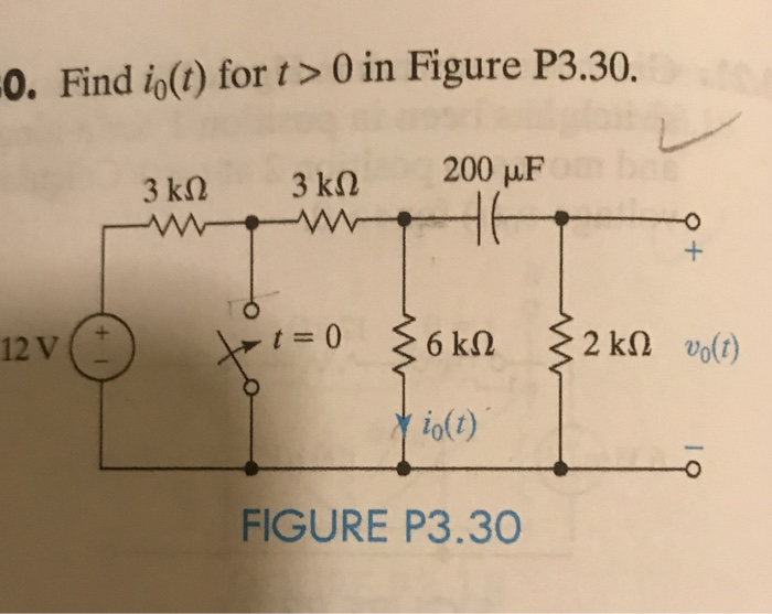 Solved -0. Find io(t) for t> 0 in Figure P3.30. 3k 3k22 200 | Chegg.com