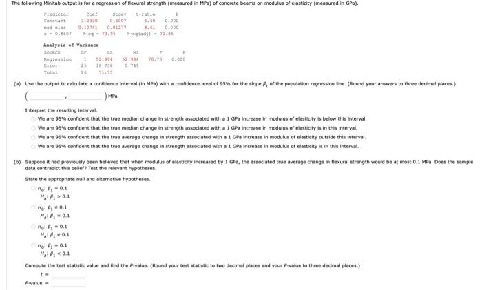 Solved The following Minitab output is for a regression of | Chegg.com