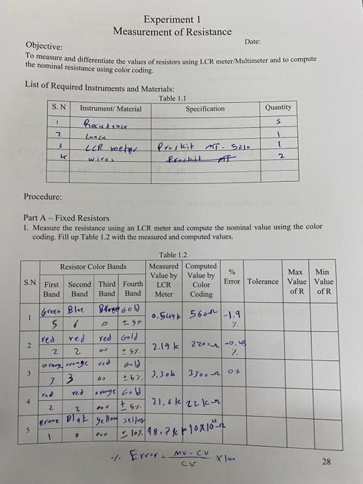 Solved Measurement of Resistance Objective: Date: To measure | Chegg.com
