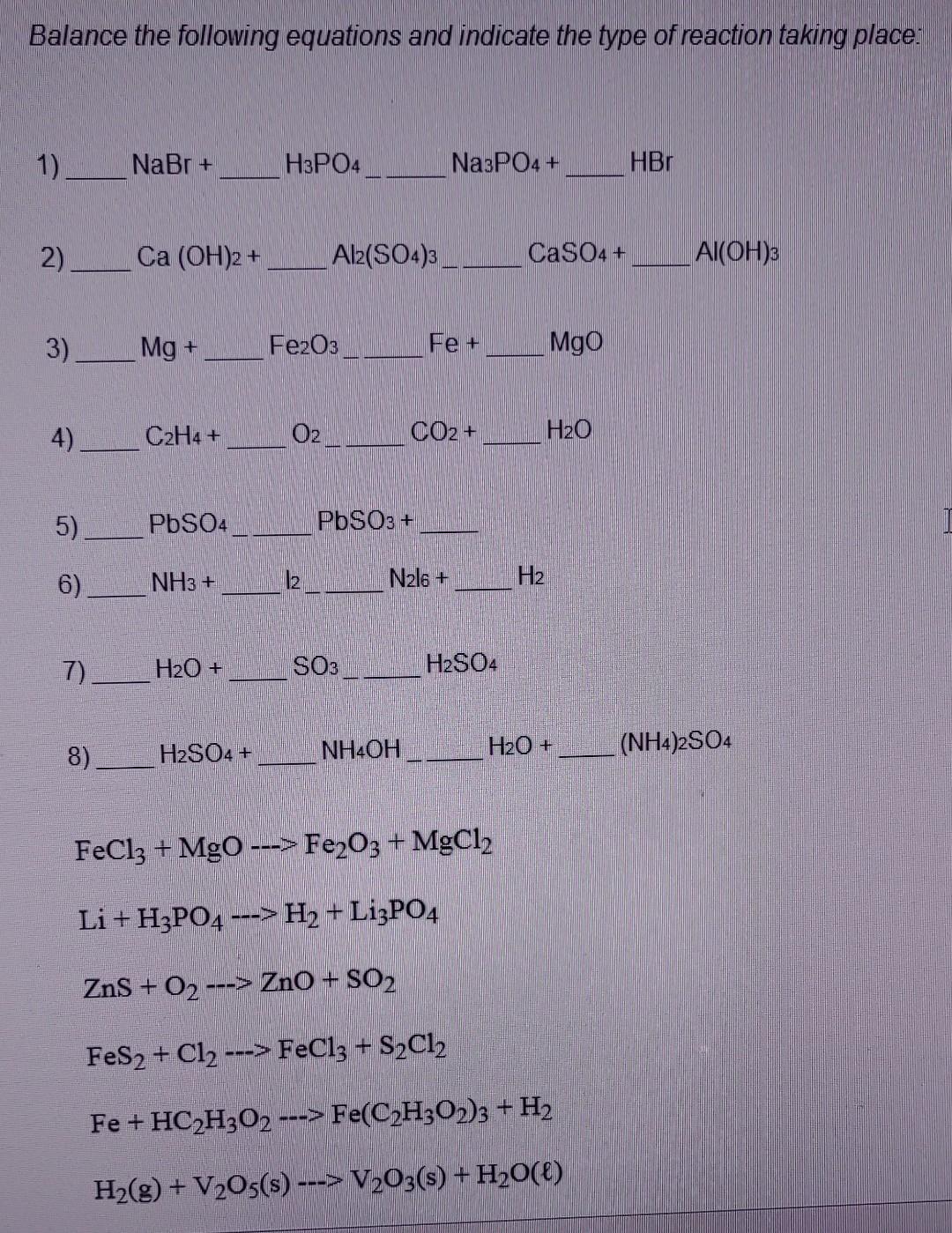 Solved Balance the following equations and indicate the type | Chegg.com
