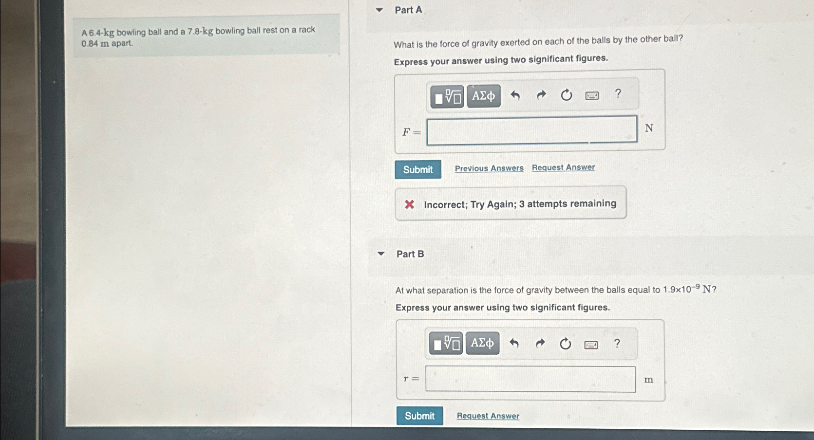 Solved Part AA 6.4-kg ﻿bowling ball and a 7.8-kg ﻿bowling | Chegg.com