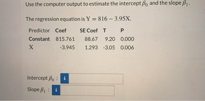 Solved Use the computer output to estimate the intercept Bo | Chegg.com