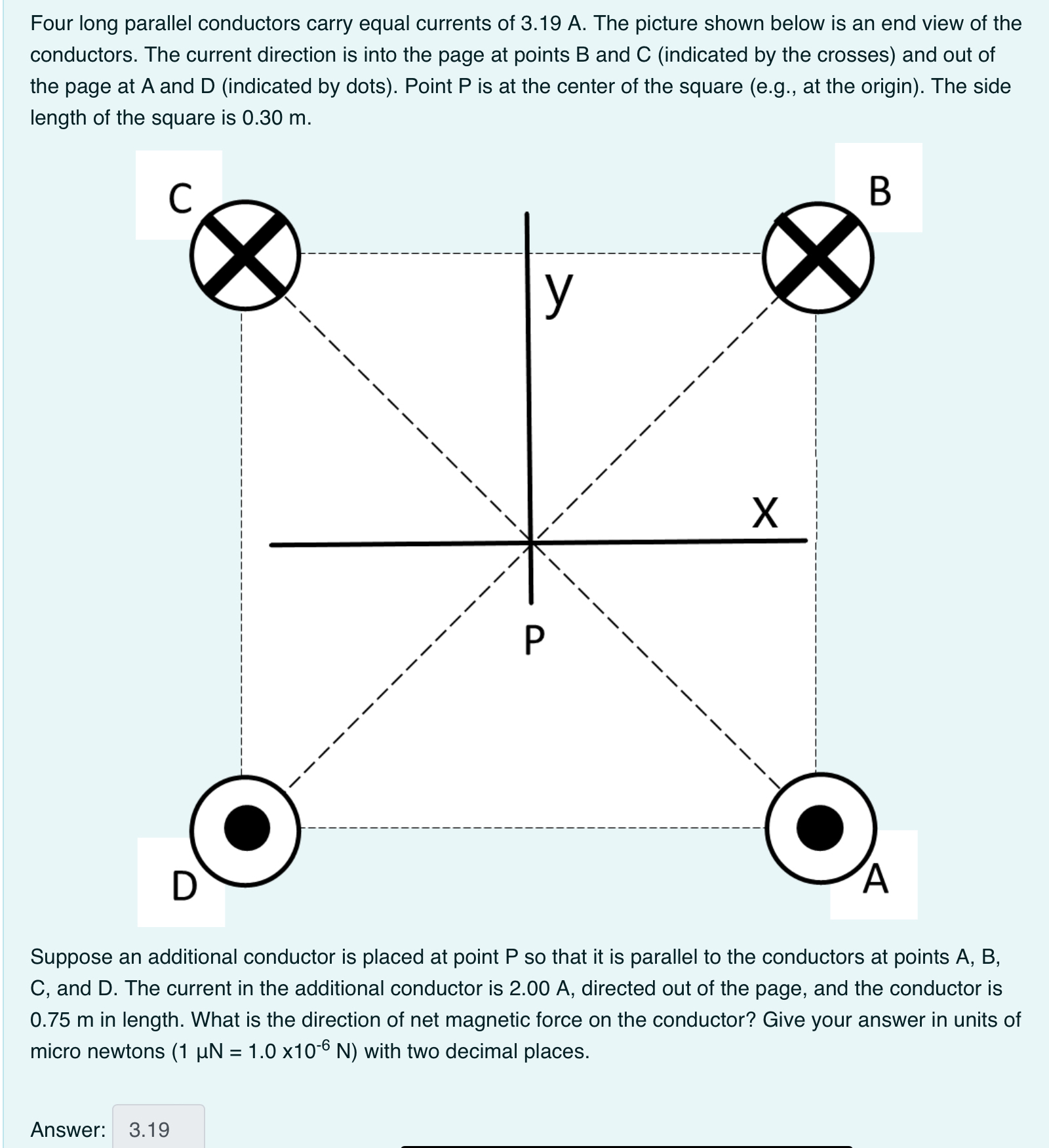 Solved Four long parallel conductors carry equal currents of | Chegg.com