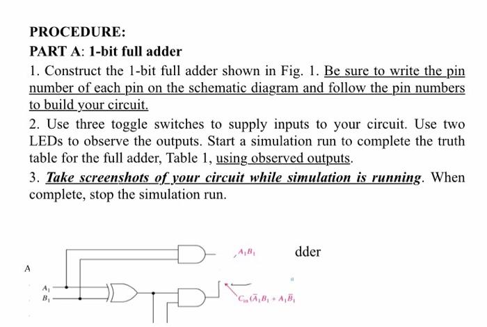 Solved PROCEDURE: PART A: 1-bit full adder 1. Construct the | Chegg.com