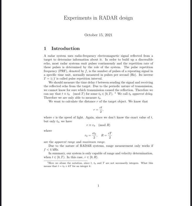 Solved Experiments in RADAR design October 15, 2021 1 | Chegg.com