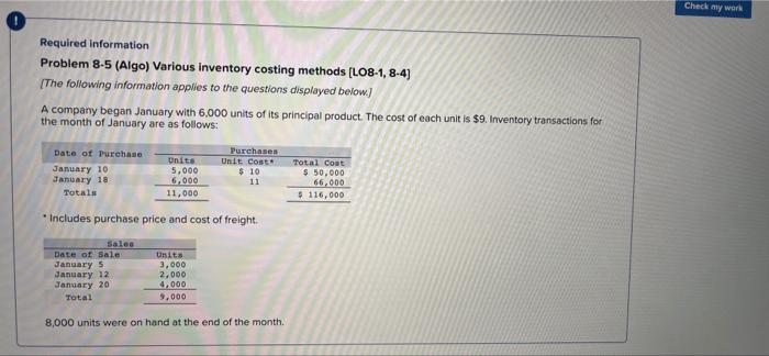 Solved Required Information Problem 8-5 (Algo) Various | Chegg.com