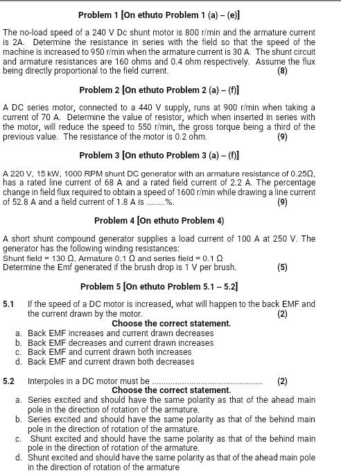 Solved Problem 1 (on ethuto Problem 1 (a) -(e) The no-load | Chegg.com
