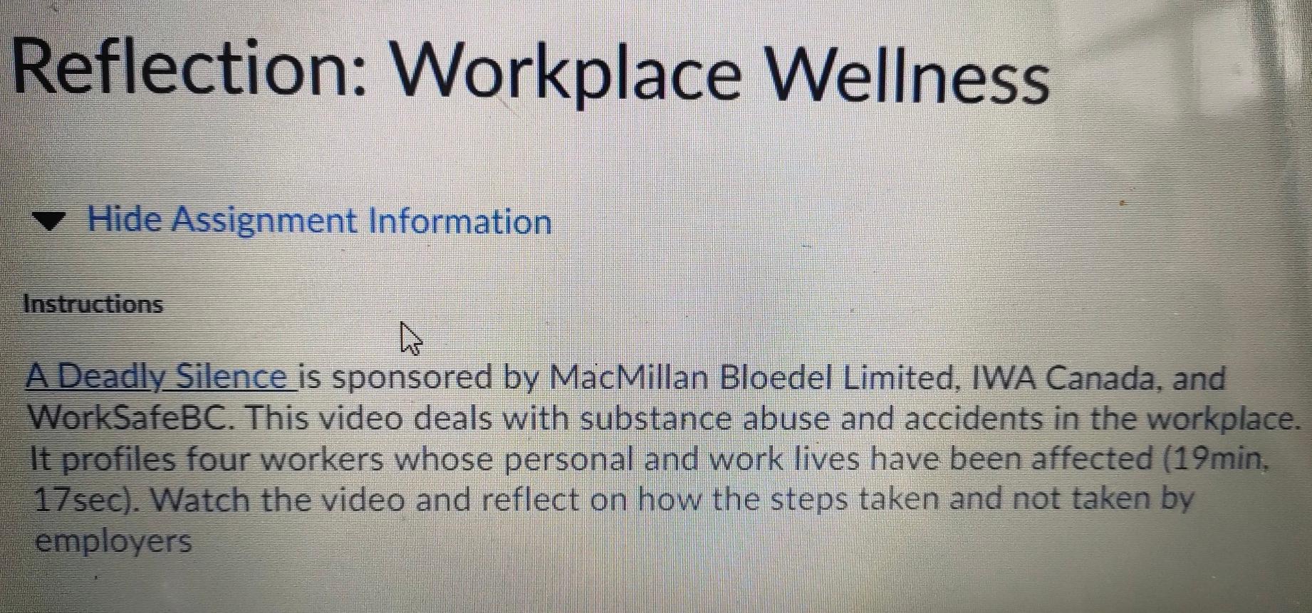 Solved Reflection: Workplace Wellness Hide Assignment | Chegg.com