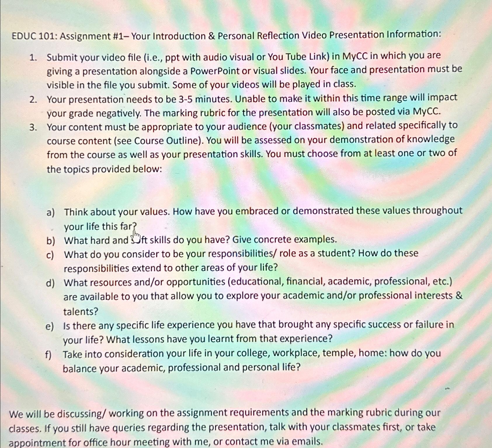 Solved EDUC 101: Assignment #1- ﻿Your Introduction & | Chegg.com