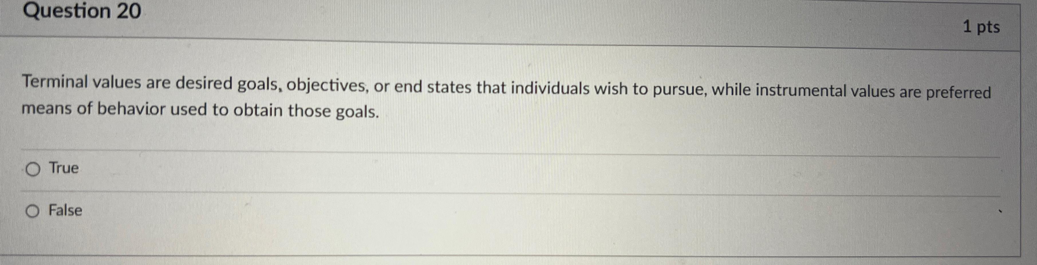 Solved Question 201 ﻿ptsTerminal values are desired goals, | Chegg.com