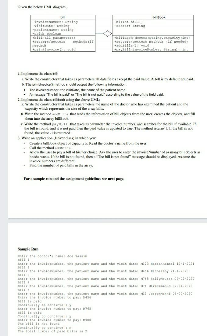 Given the below UML diagram, billBook -bills: billi | Chegg.com