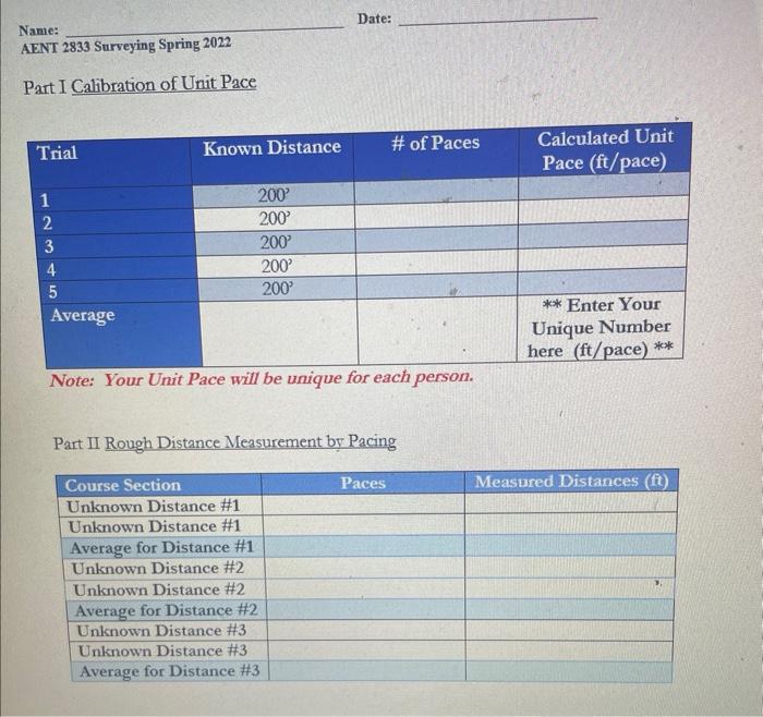 Part I Calibration of Unit Pace Note: Your Unit Pace | Chegg.com