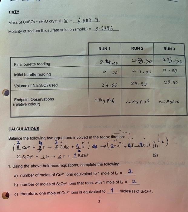 Solved DATA Mass of CuSO4⋅xH2O crystals (g)=6.01139 Molarity | Chegg.com