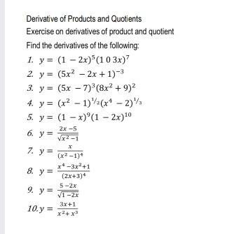 Solved Derivative of Products and Quotients Exercise on | Chegg.com