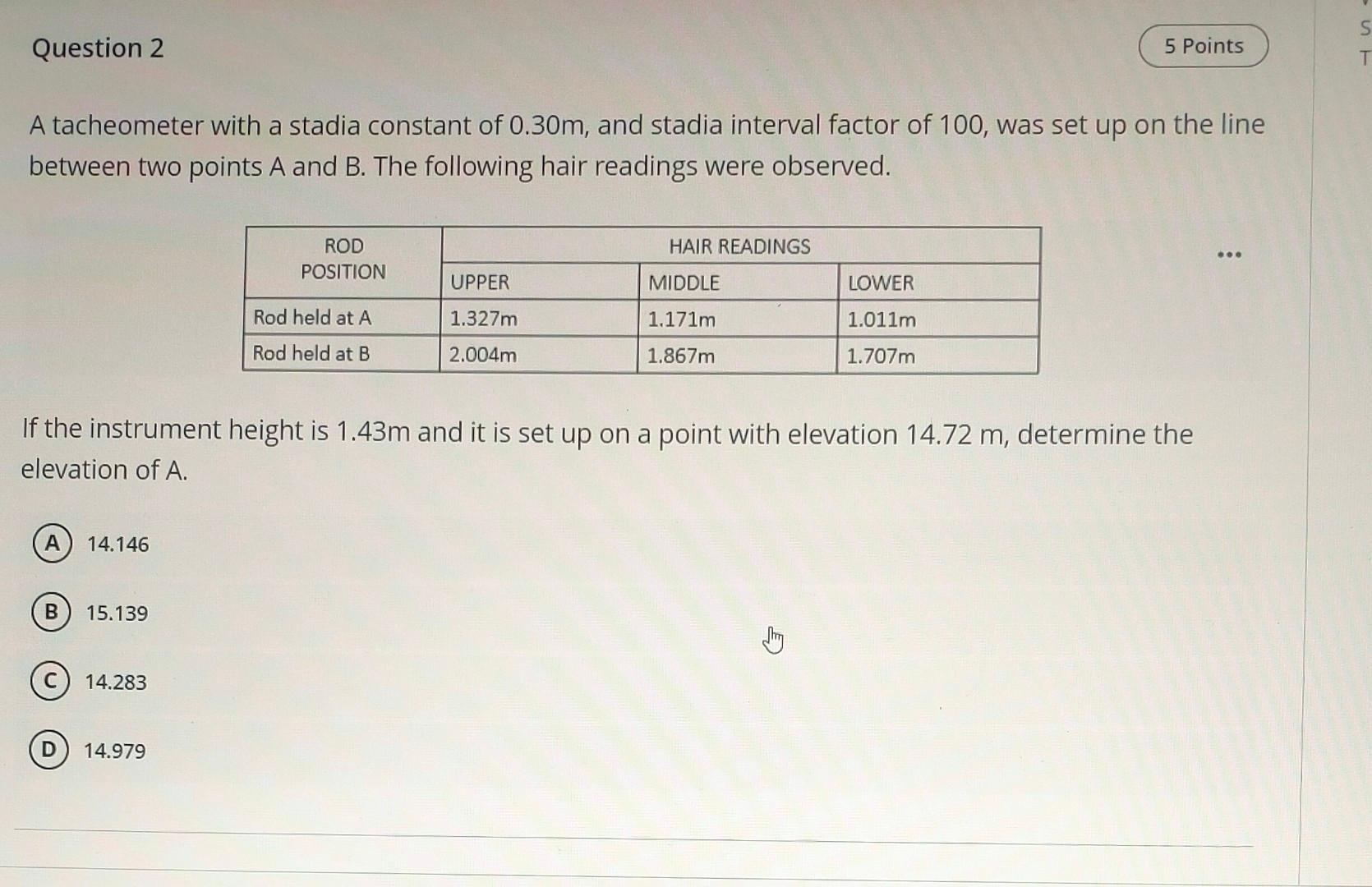 Solved Question 2 5 Points S T A tacheometer with a stadia | Chegg.com