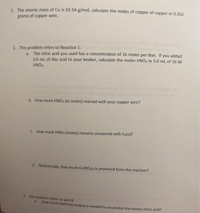 Solved 1. The atomic mass of Cu is 63.54 g/mol, calculate | Chegg.com