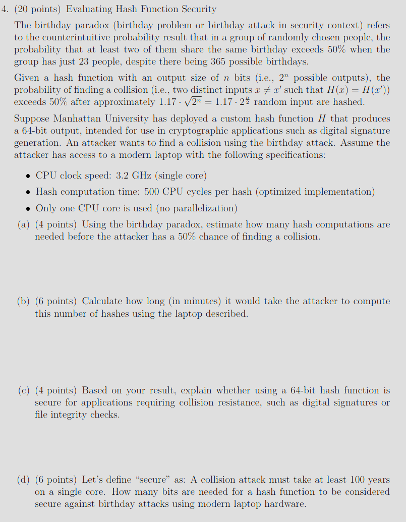 Solved 4. (20 ﻿points) ﻿Evaluating Hash Function Security | Chegg.com