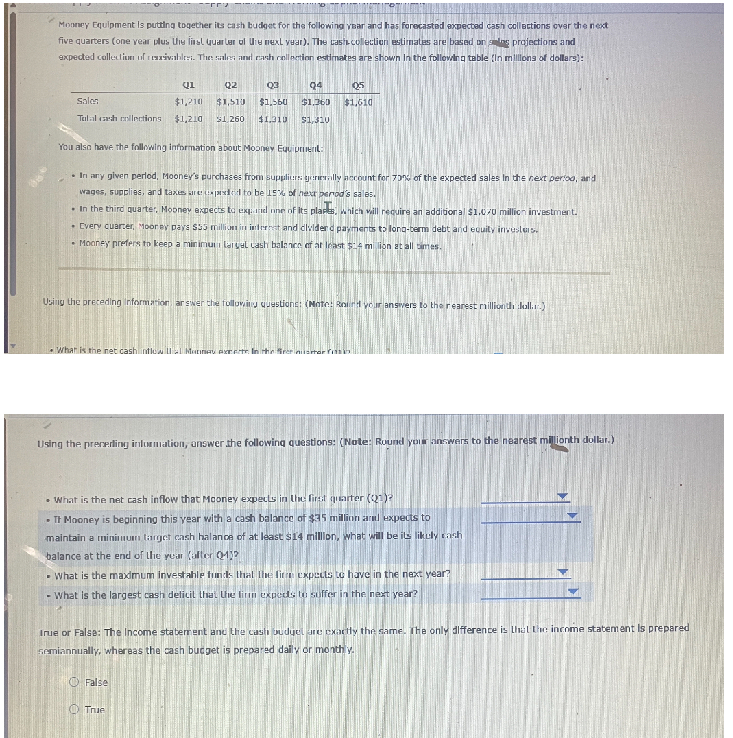 Solved Mooney Equipment is putting together its cash budget | Chegg.com