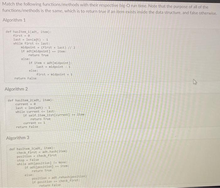 Solved Match the following functions/methods with their | Chegg.com