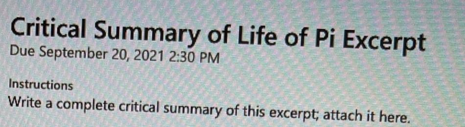 Critical Summary of Life of Pi Excerpt Due September | Chegg.com