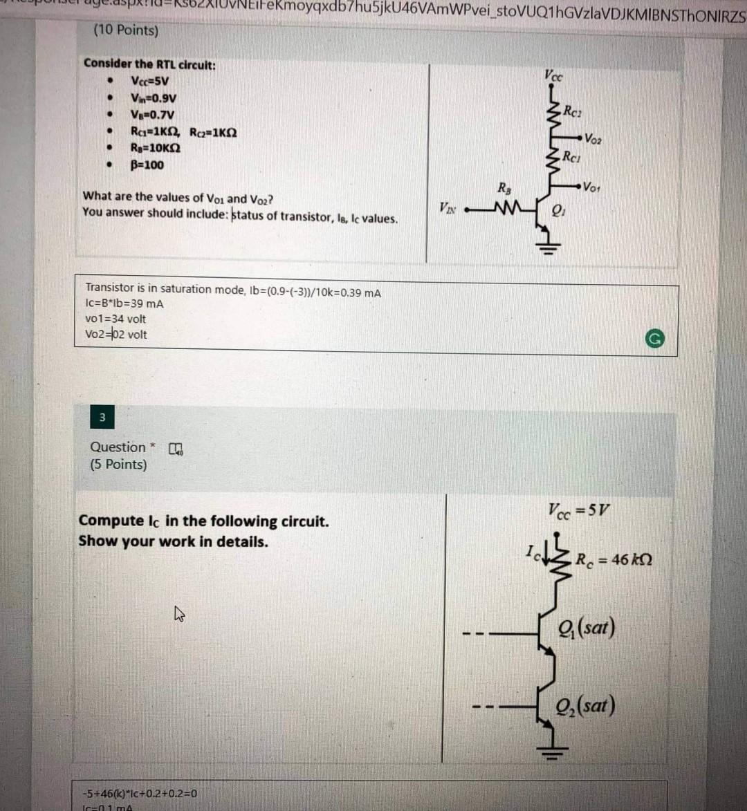 Solved Consider the RTL circult: - Vcc=5 V - Vin=0.9 V - | Chegg.com