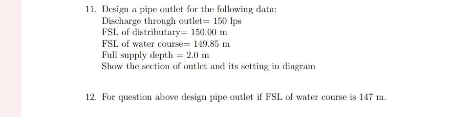 Solved 11. Design a pipe outlet for the following data: | Chegg.com