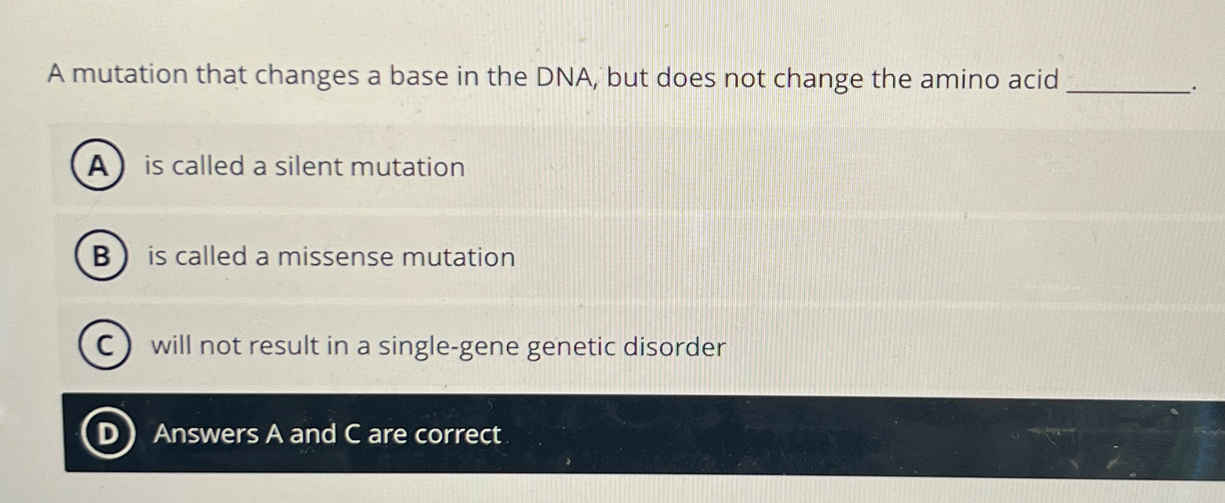 Solved A mutation that changes a base in the DNA, but does | Chegg.com