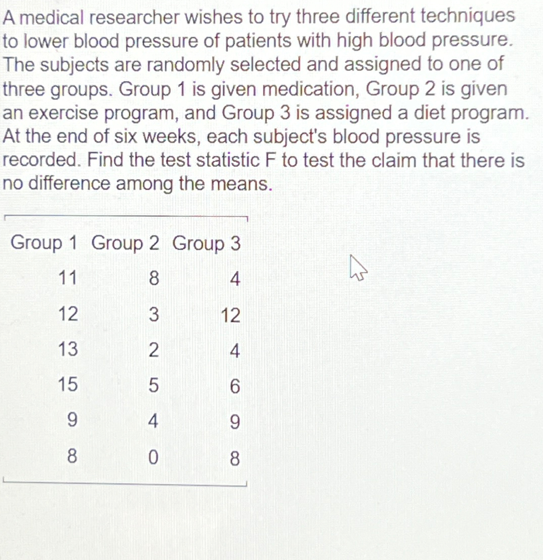 Solved A medical researcher wishes to try three different | Chegg.com