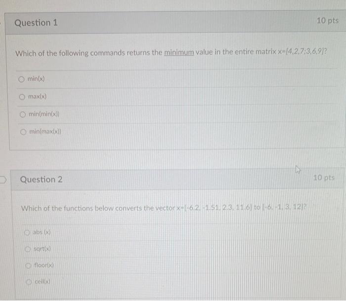 Solved Which of the following commands returns the minimum | Chegg.com