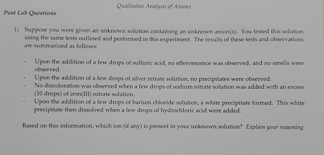 Solved Qualitative Analysis of Anions Post Lab Questions 1) | Chegg.com