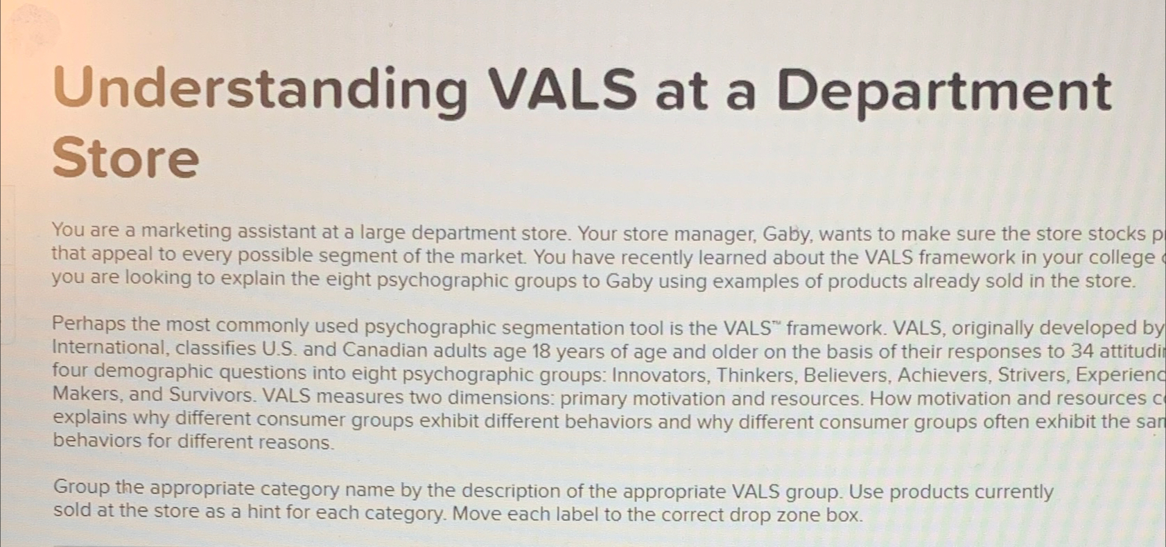 Solved Understanding VALS at a Department StoreYou are a | Chegg.com
