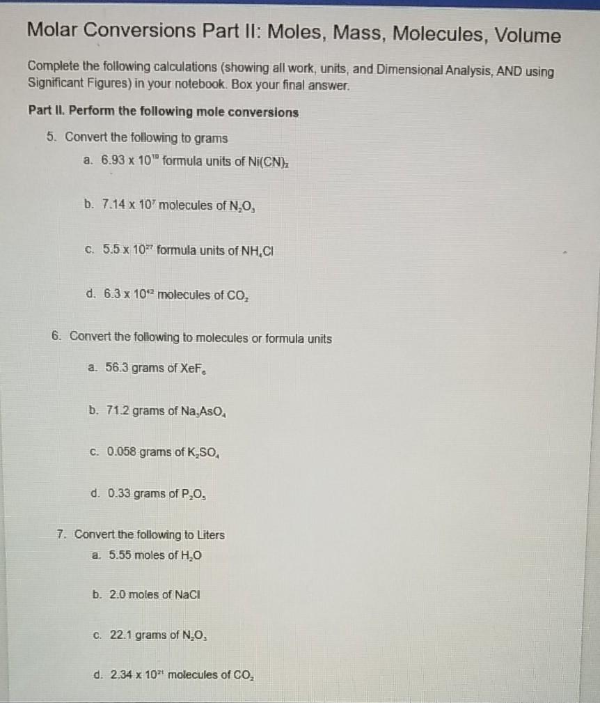 Solved Molar Conversions Part II: Moles, Mass, Molecules, | Chegg.com