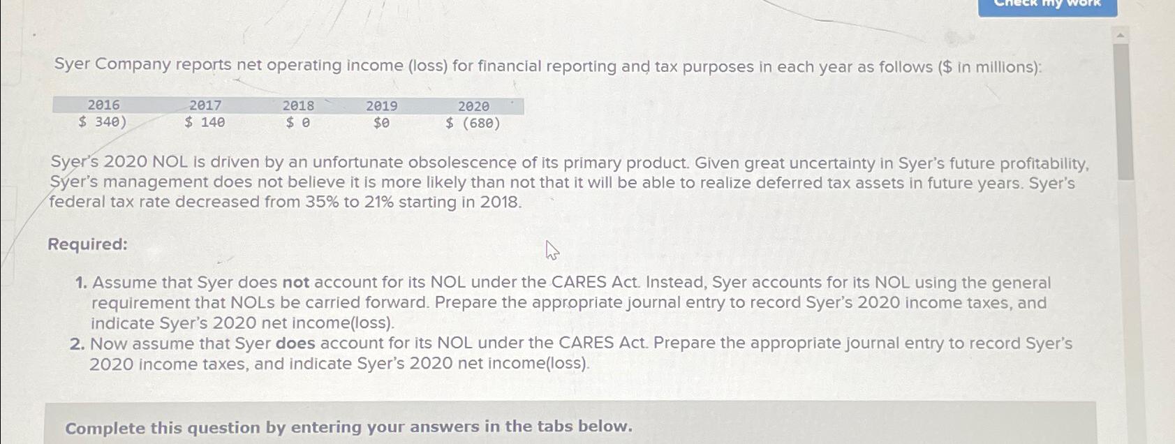 Solved Syer Company reports net operating income (loss) ﻿for | Chegg.com